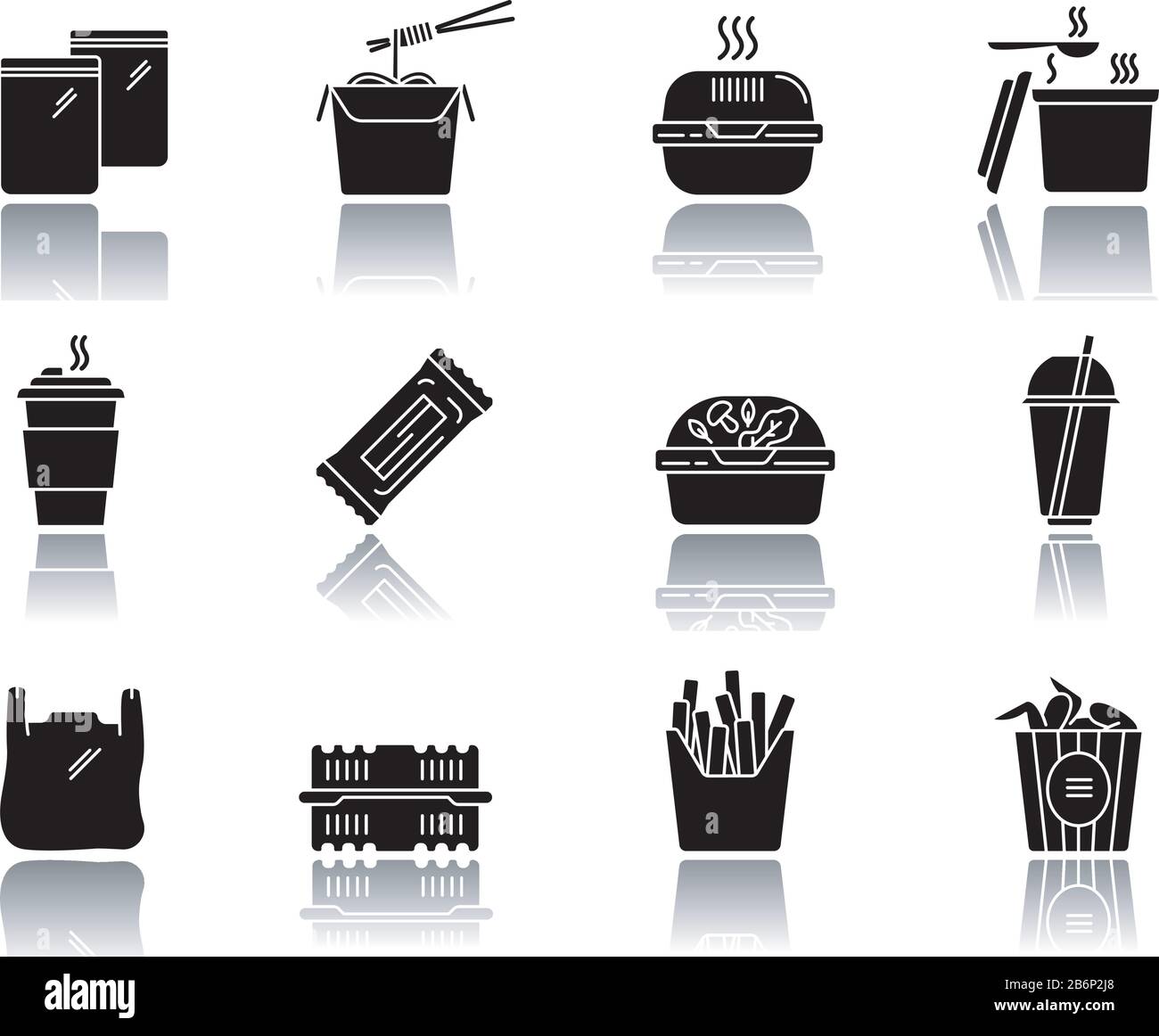 Takeaway food packages drop shadow black glyph icons set. Take out meal ...