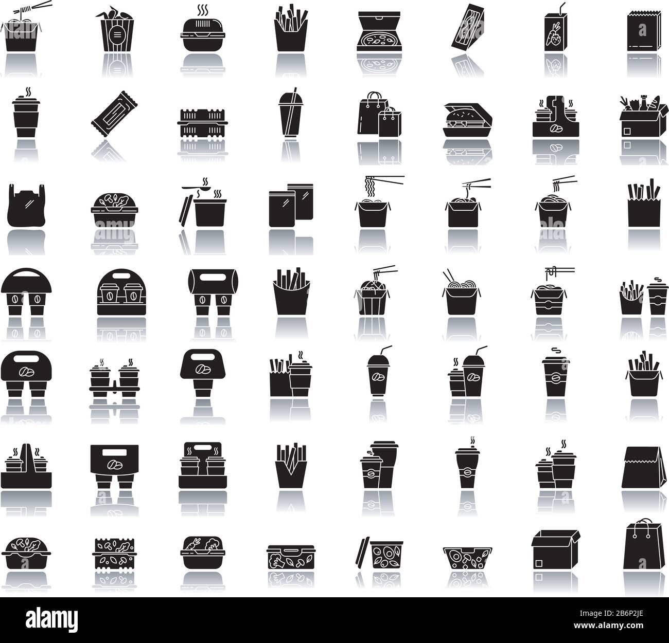 Takeaway meal drop shadow black glyph big icons set. Coffee to go ...