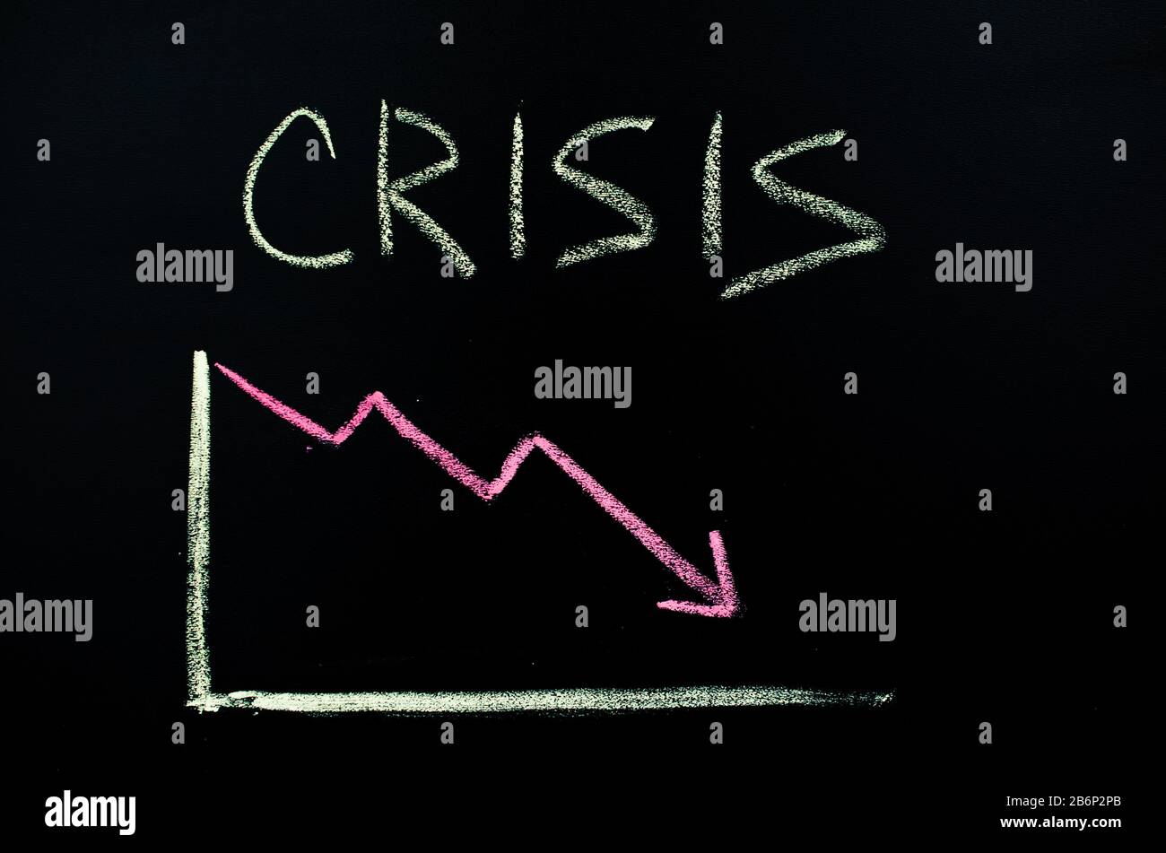 Negative chart in the red zone on the chalkboard. CRISIS inscription ...