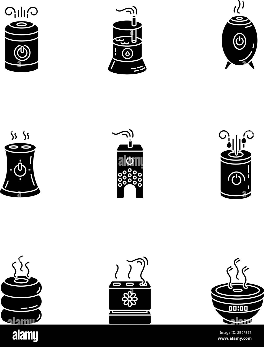 Air ionizers variety black glyph icons set on white space. Ultrasonic ...
