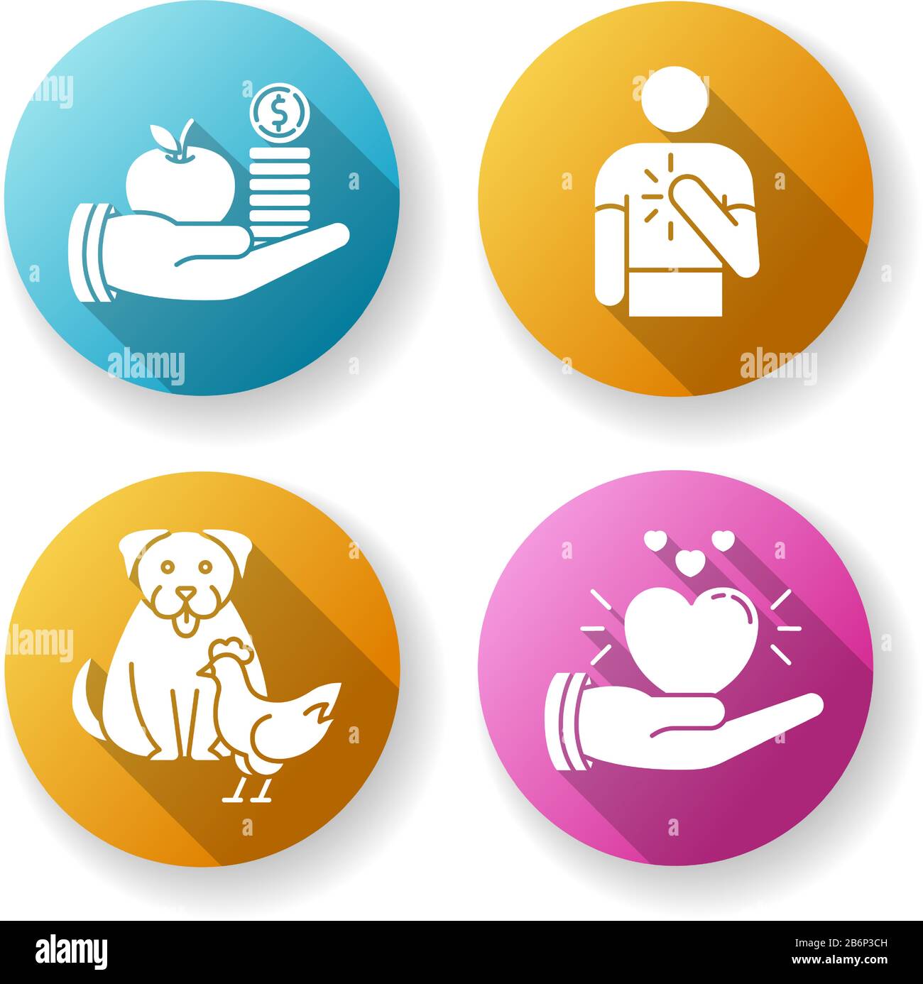 Friendly support flat design long shadow glyph icons set. Interpersonal ...