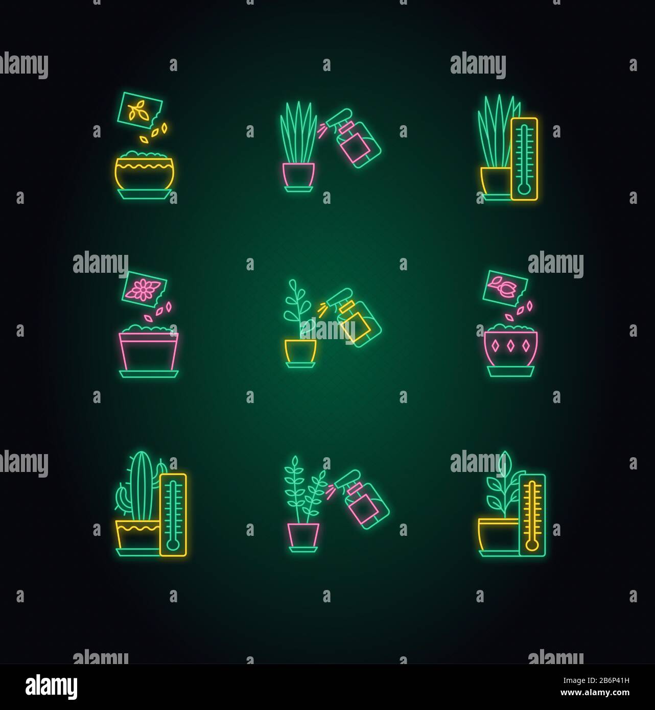 Houseplant care neon light icons set. Plant cultivation. Spraying ...