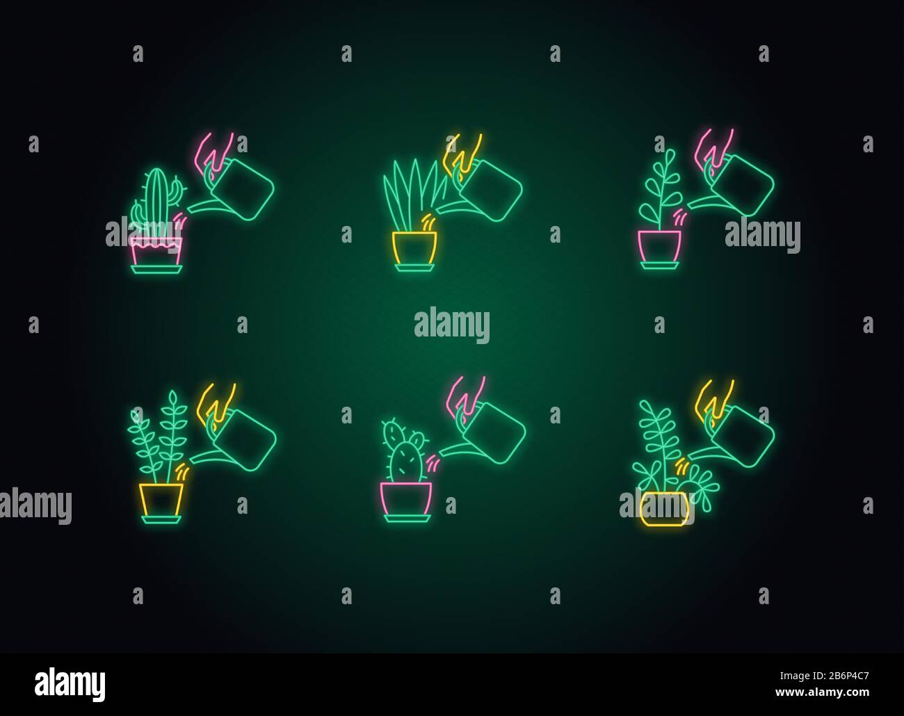 Houseplant care neon light icons set. Plant cultivation. Watering ...