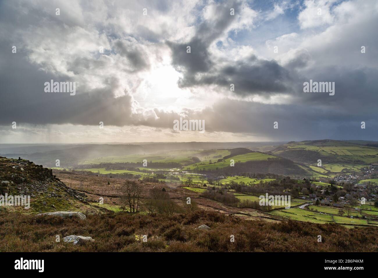 Rain storm approaches Curbar Gap, Peak District Derbyshire UK Stock ...