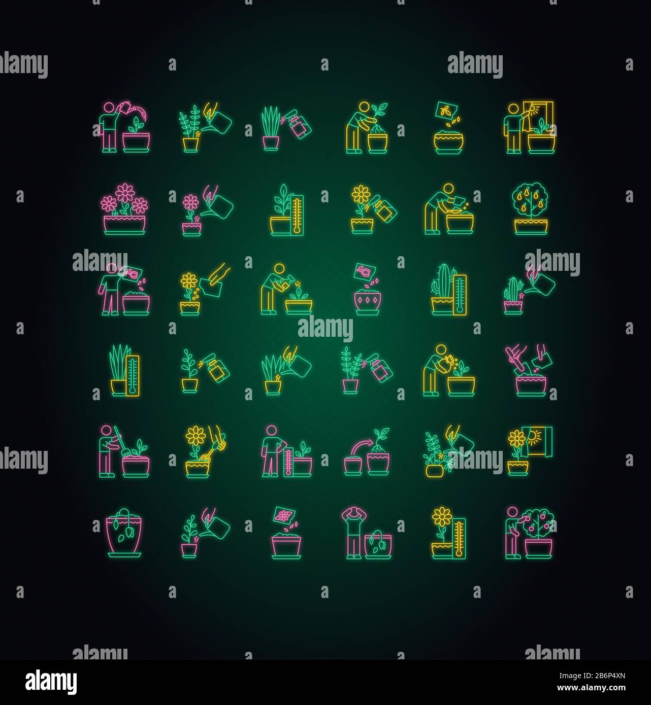 Houseplant care neon light icons set. Plant cultivation. Repotting ...