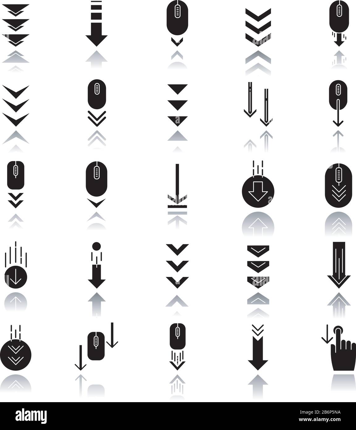 Scroll down drop shadow black glyph icons set. Internet page browsing ...