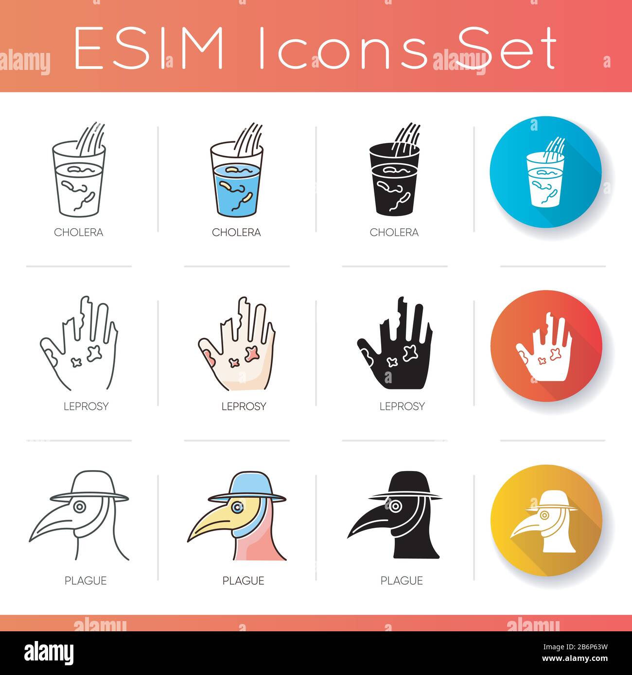 Endemic illnesses icons set. Linear, black and RGB color styles. Plague ...