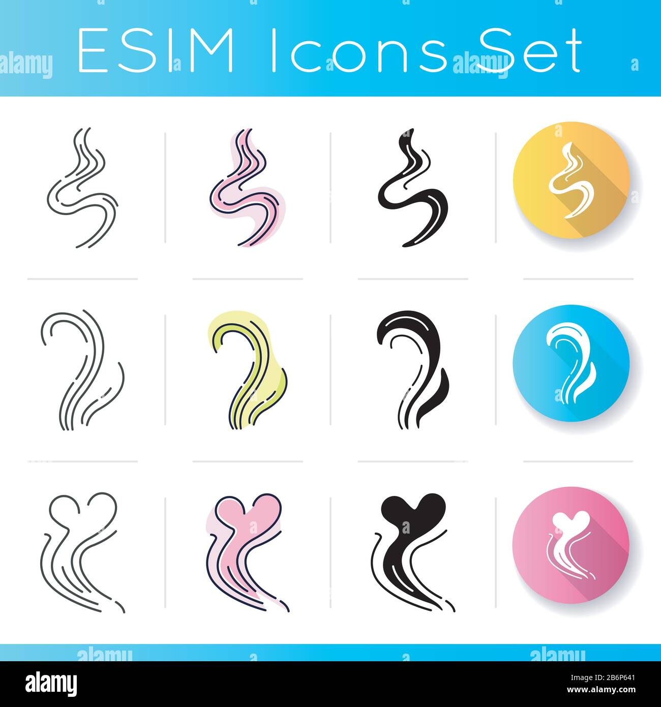 Odor icons set. Good and bad smell. Heart shape odour, fluid, perfume ...