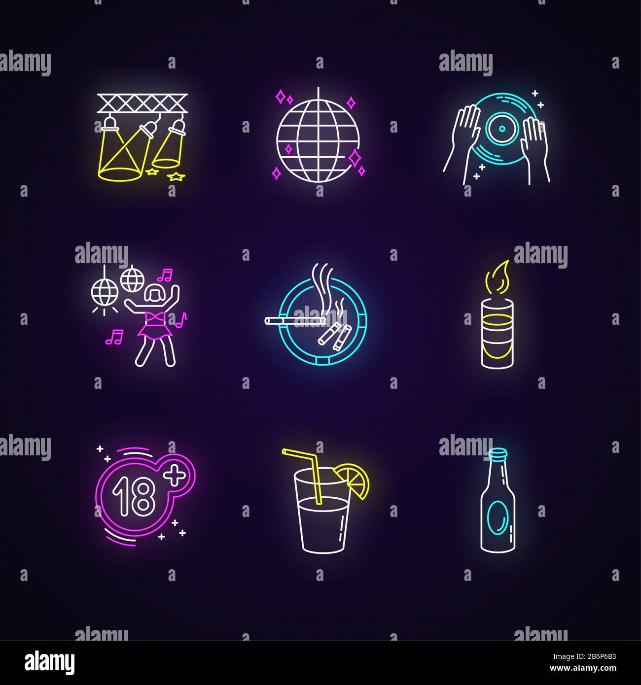 Night club leisure neon light icons set. Entertainment establishment ...