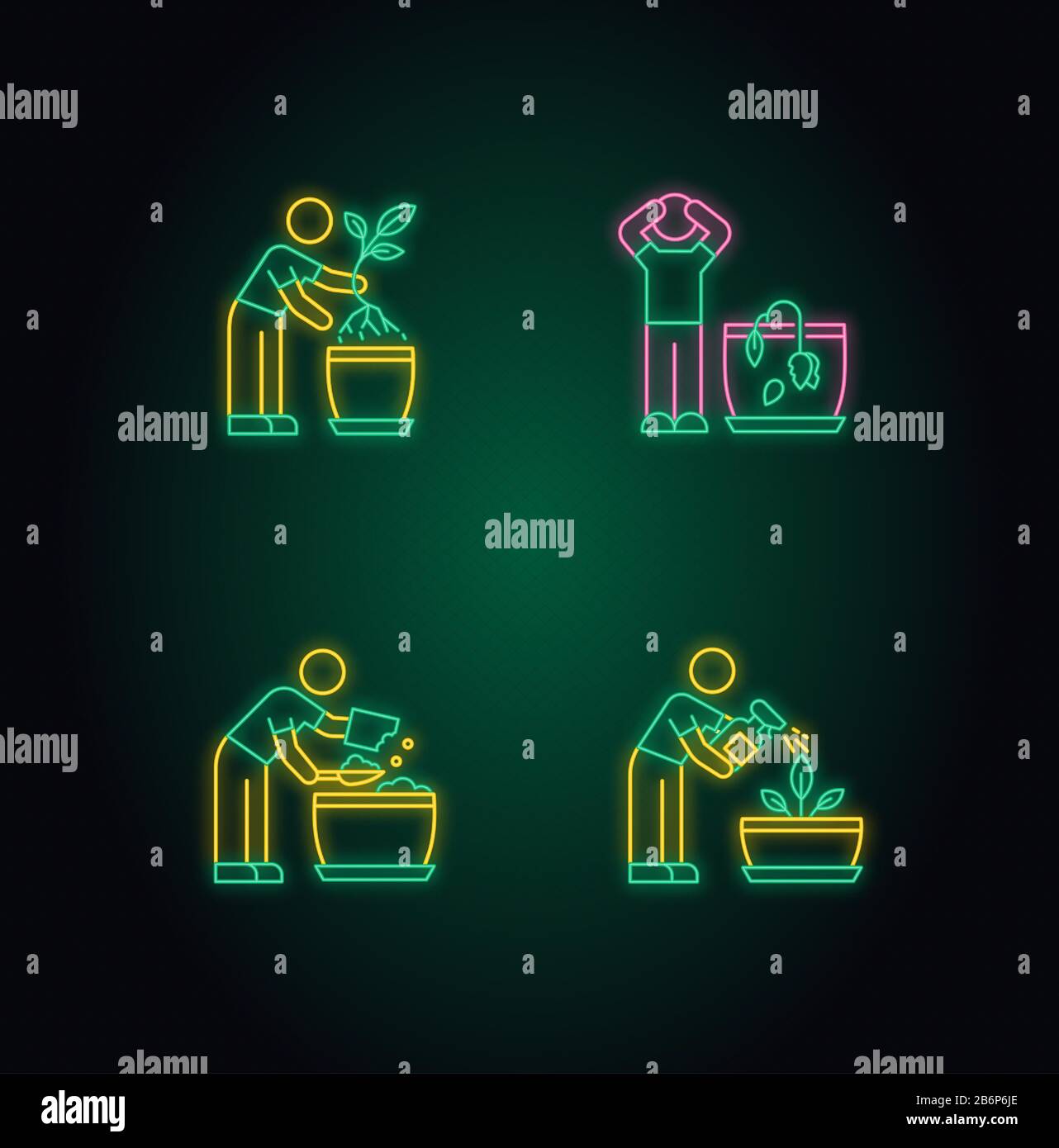 Indoor gardening stages neon light icons set. Replanting, repotting ...