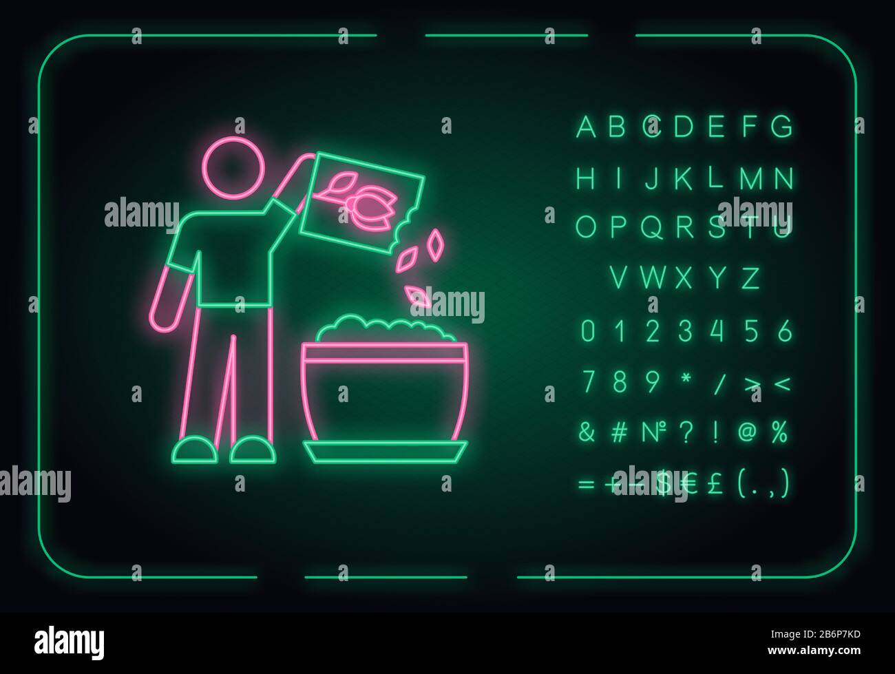 Planting flower seeds neon light icon. Propagating houseplants. Putting ...