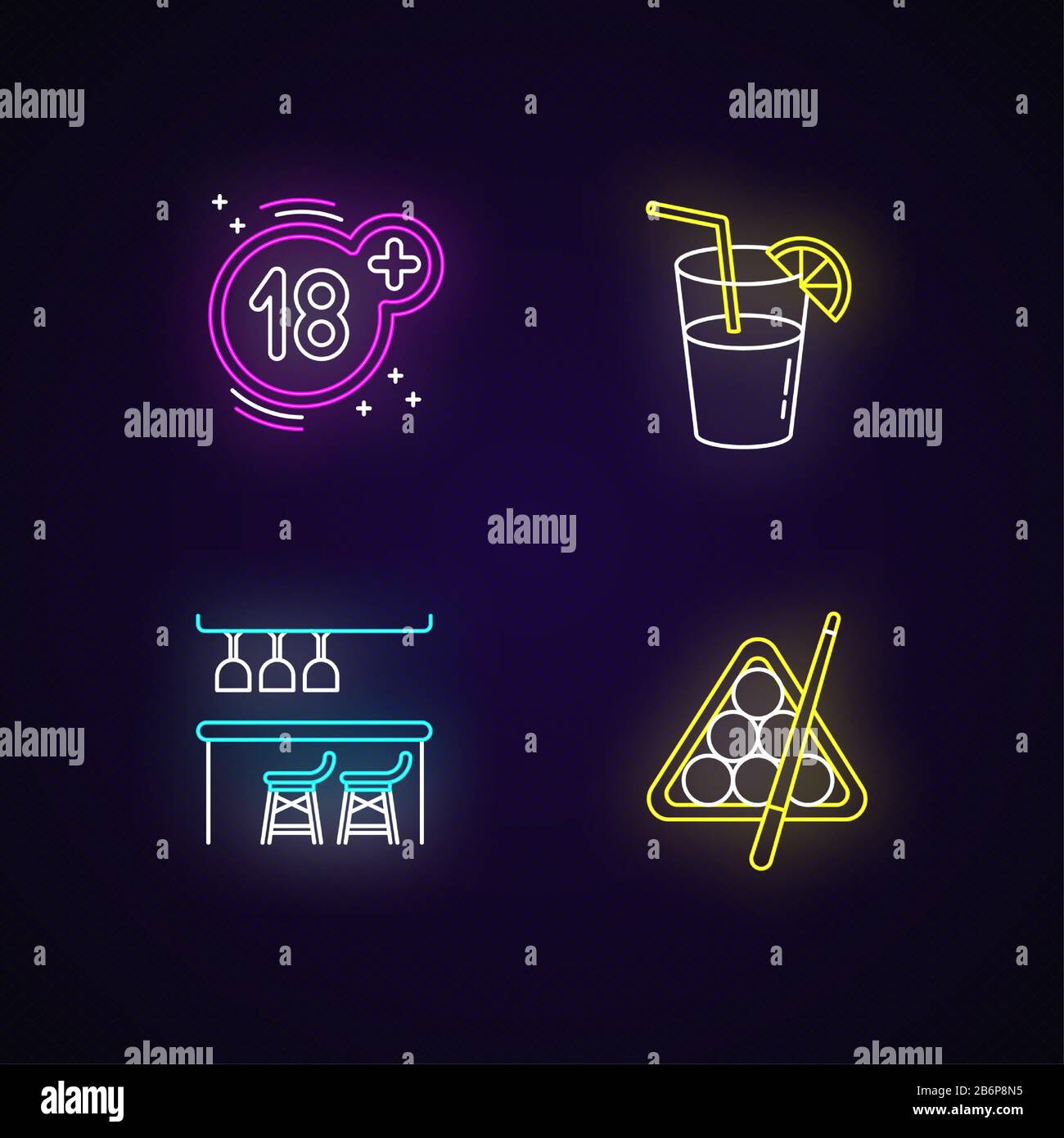 Adult recreation neon light icons set. Night club recreation signs with ...