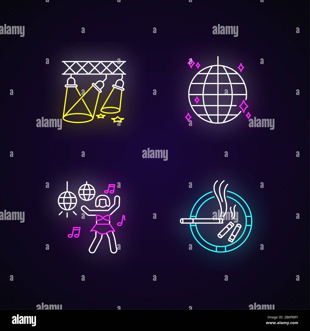Nightclub recreation neon light icons set. Night club entertainment ...