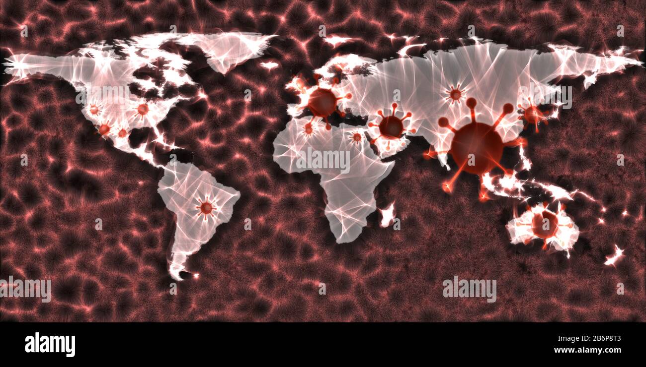 World map view on corona virus spots with aura photography Stock Photo ...