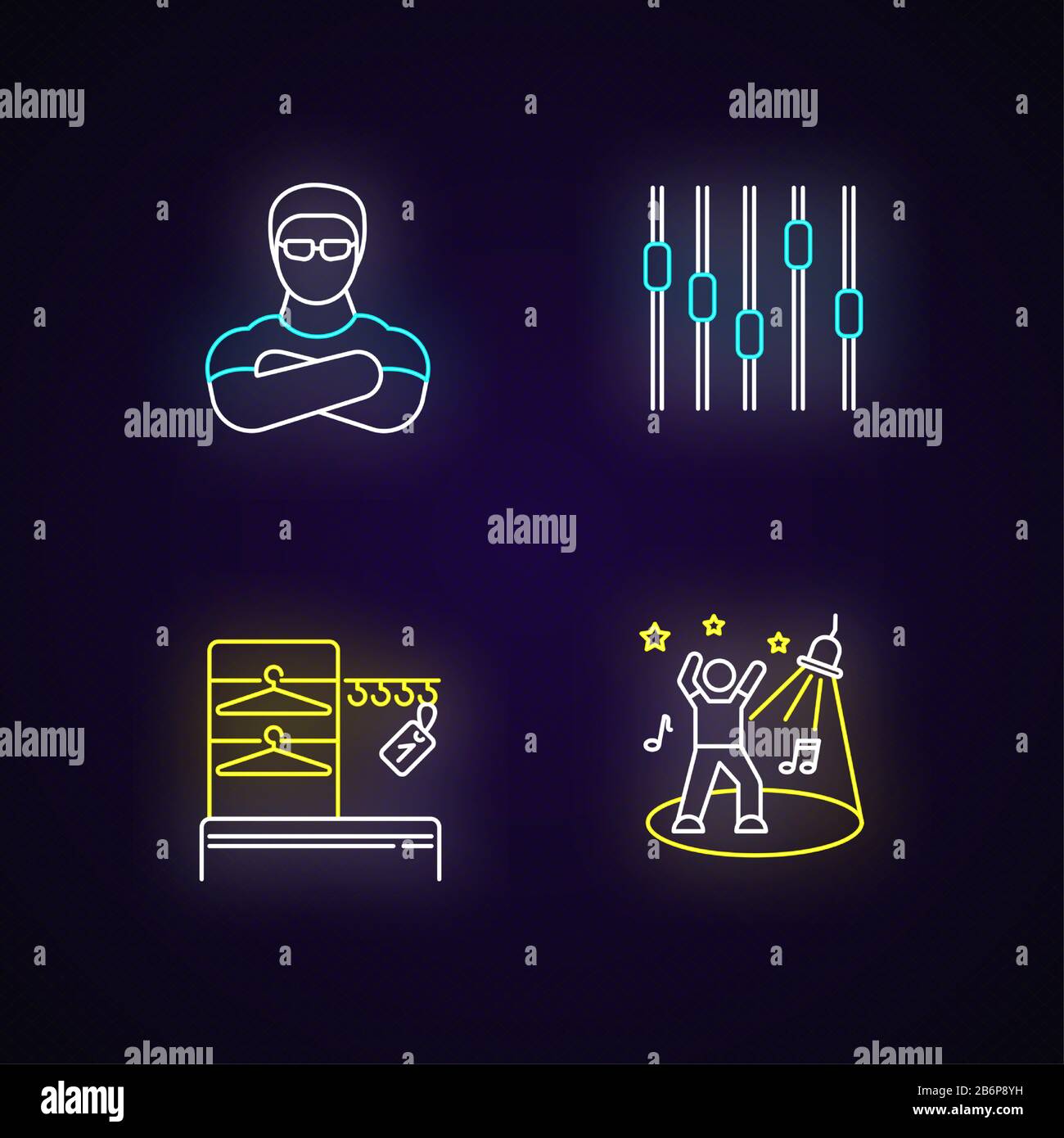 Nightclub neon light icons set. Face control, night club discotheque ...