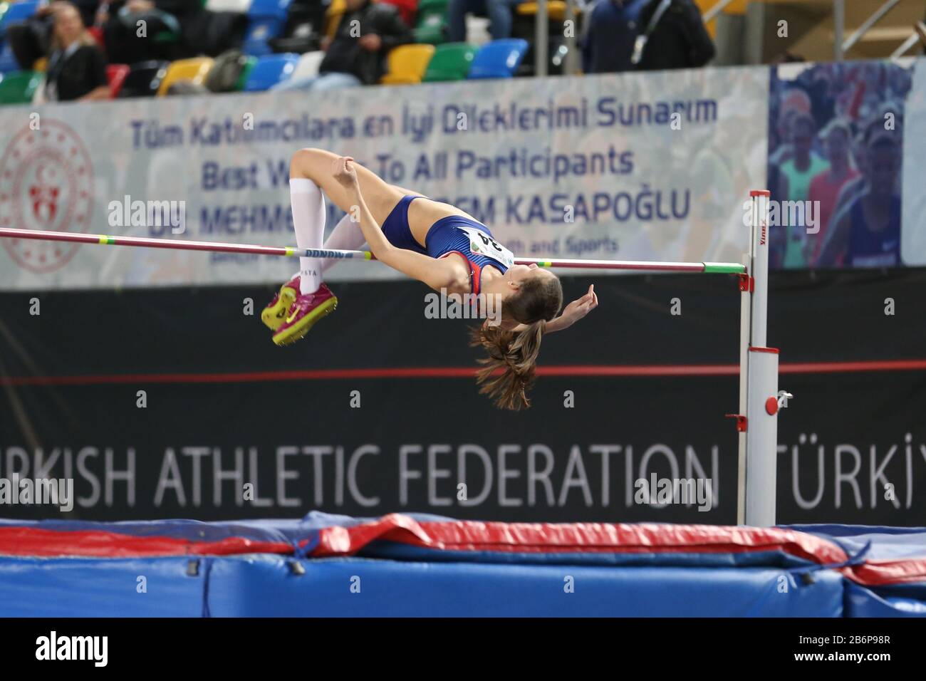 ISTANBUL, TURKEY - FEBRUARY 15, 2020: Undefined athlete high jumping ...