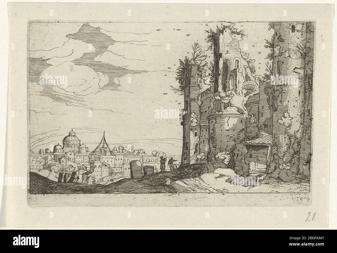 View of Rome from Monte Pincio. Right ruins, left the city of Rome with ...