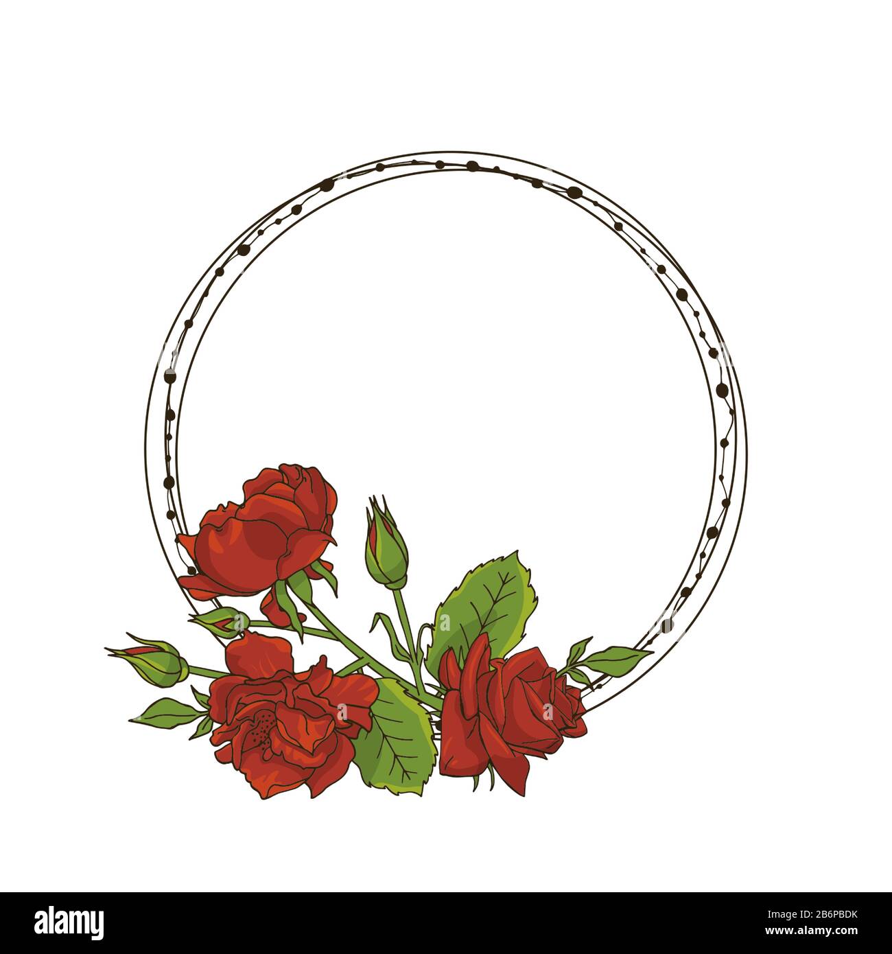 Round line frame with pink red flower bouquets. Vector illustration ...