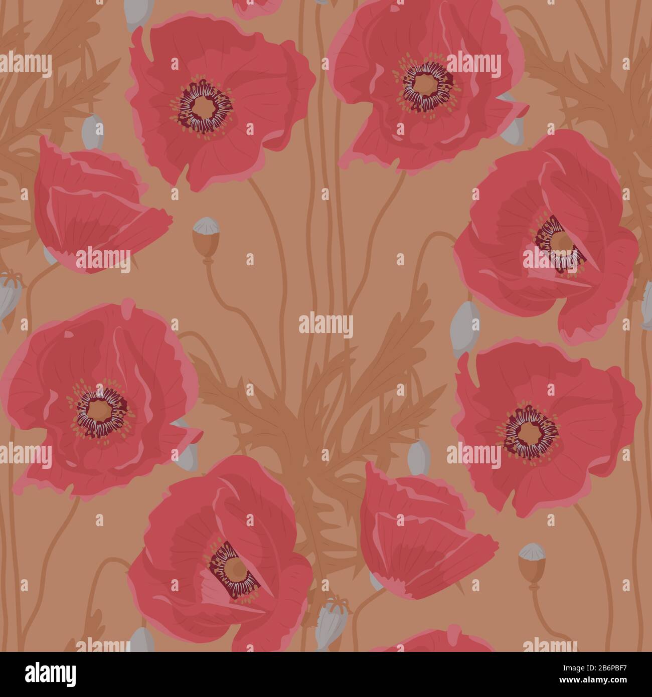 Seamless pattern with hand drawn pink poppy flowers on light brown ...