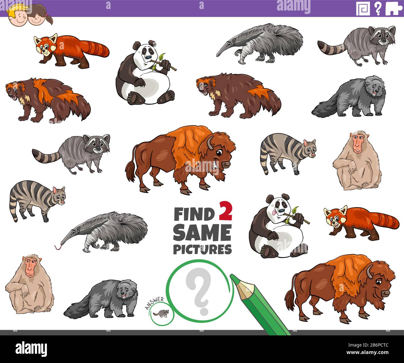 Cartoon Illustration of Finding Two Same Pictures Educational Task for ...