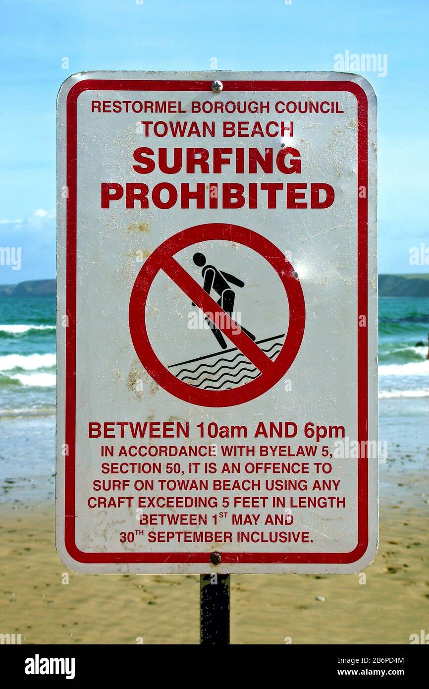 Newquay/ Great Britain: Surfing prohibited sign Stock Photo - Alamy