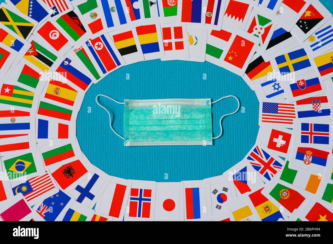 World pandemic coronavirus concept photo, Medical mask, all world flags ...