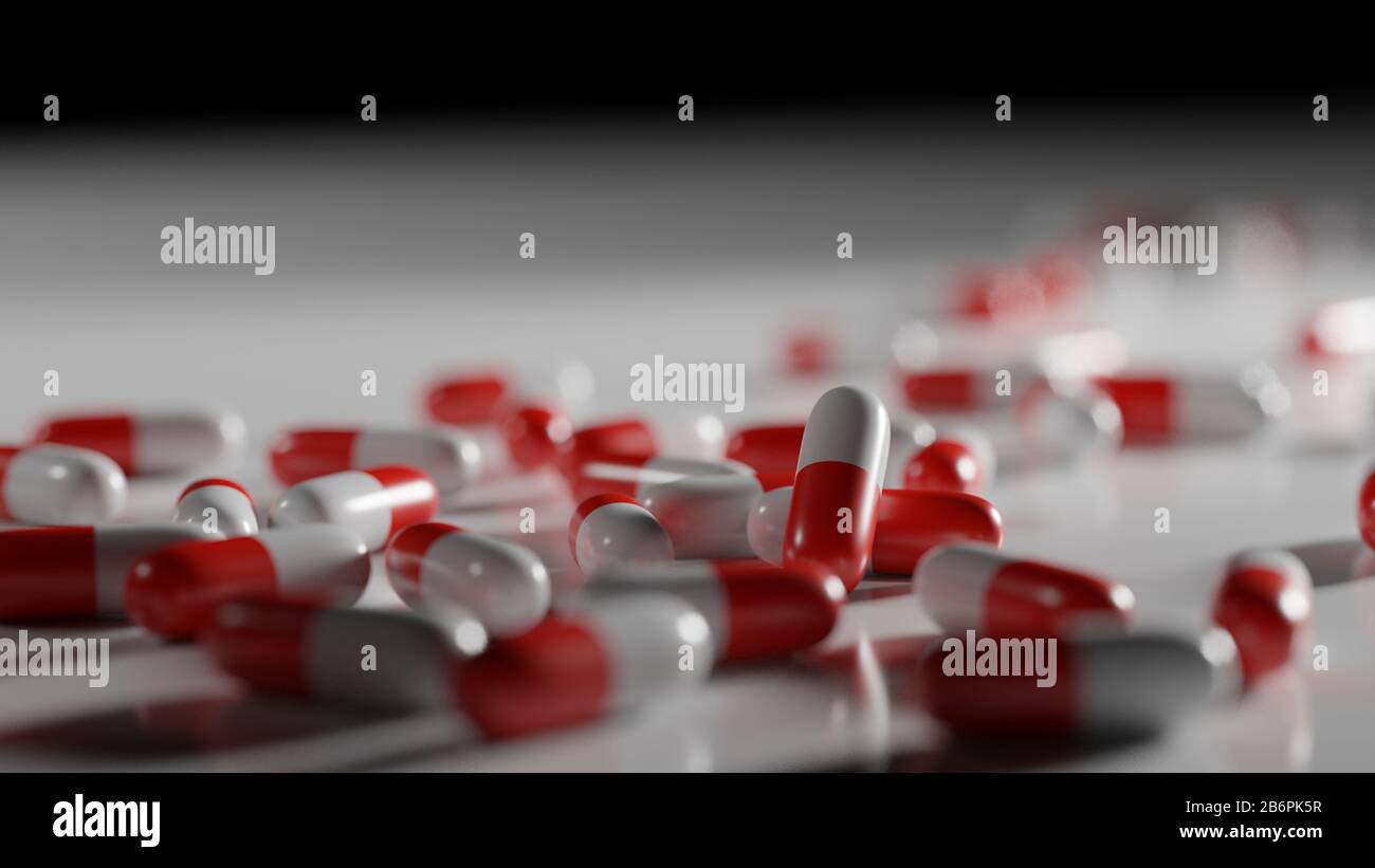 Red and white pills on white background. Prescription drugs addiction ...
