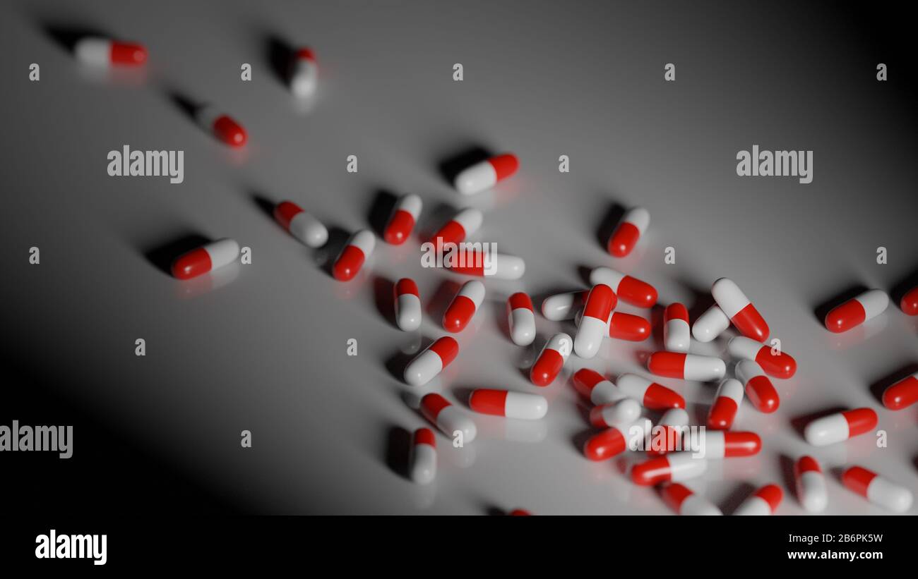 Red and white pills on white background. Prescription drugs addiction ...