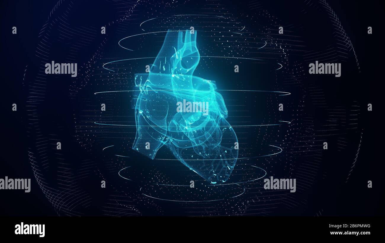 Anatomically correct blue digital human heart. Futuristic particle ...