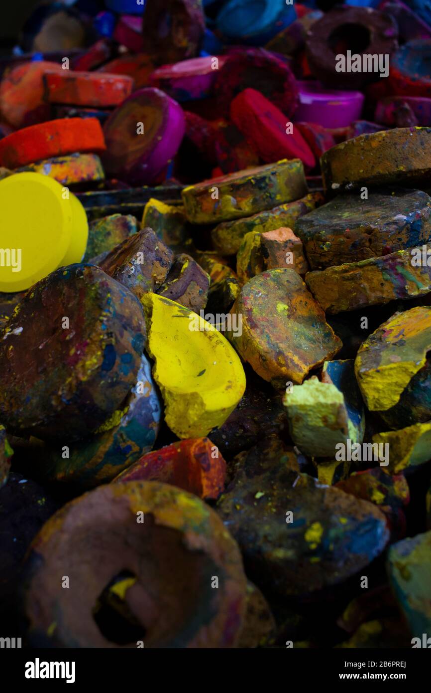 Piles of Art class tempera paint disks Stock Photo - Alamy