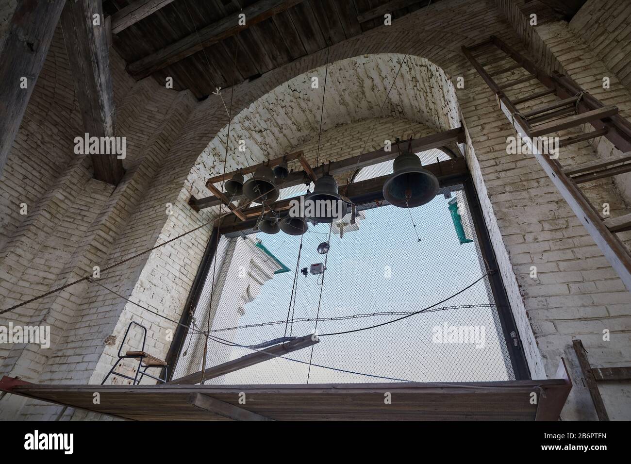Place of the church bell ringer on the high tower of the ancient church ...