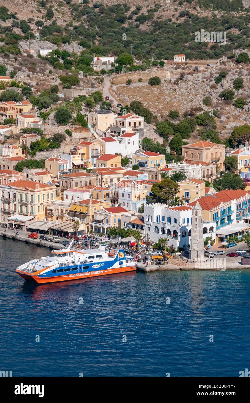 Ferry boat in harbour Symi Town Symi Greek Islands Greece Stock Photo ...