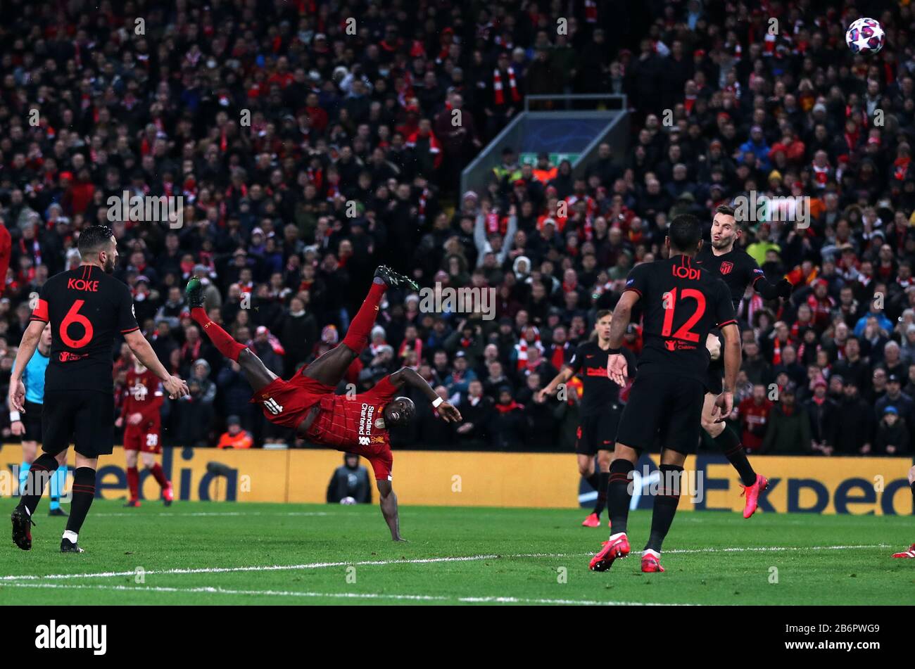 Liverpool's Sadio Mane shoots wide with an overhead kick during the ...
