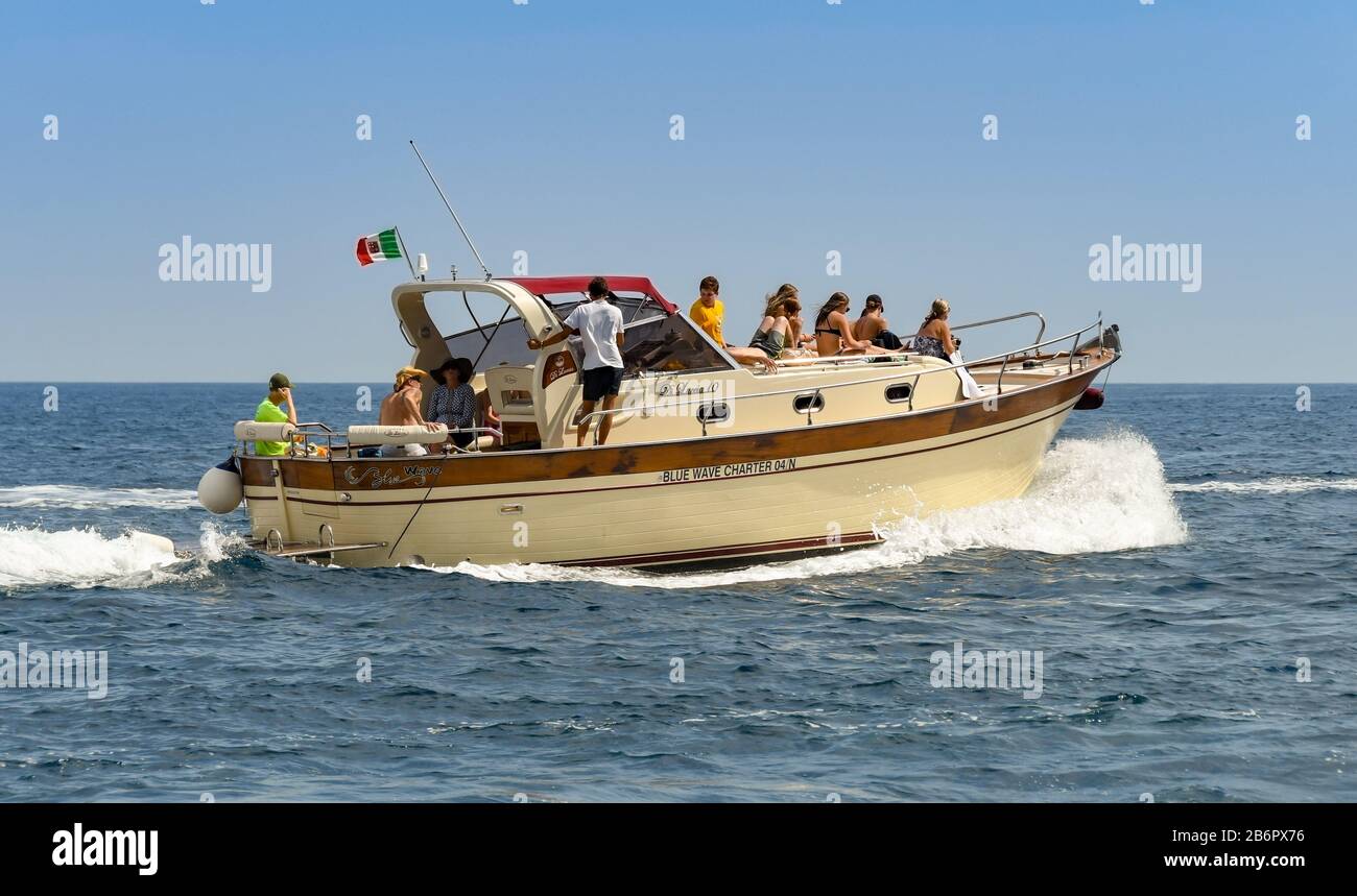 AMALFI COAST, ITALY - AUGUST 2019: Small private motor boat "Di Luccia ...
