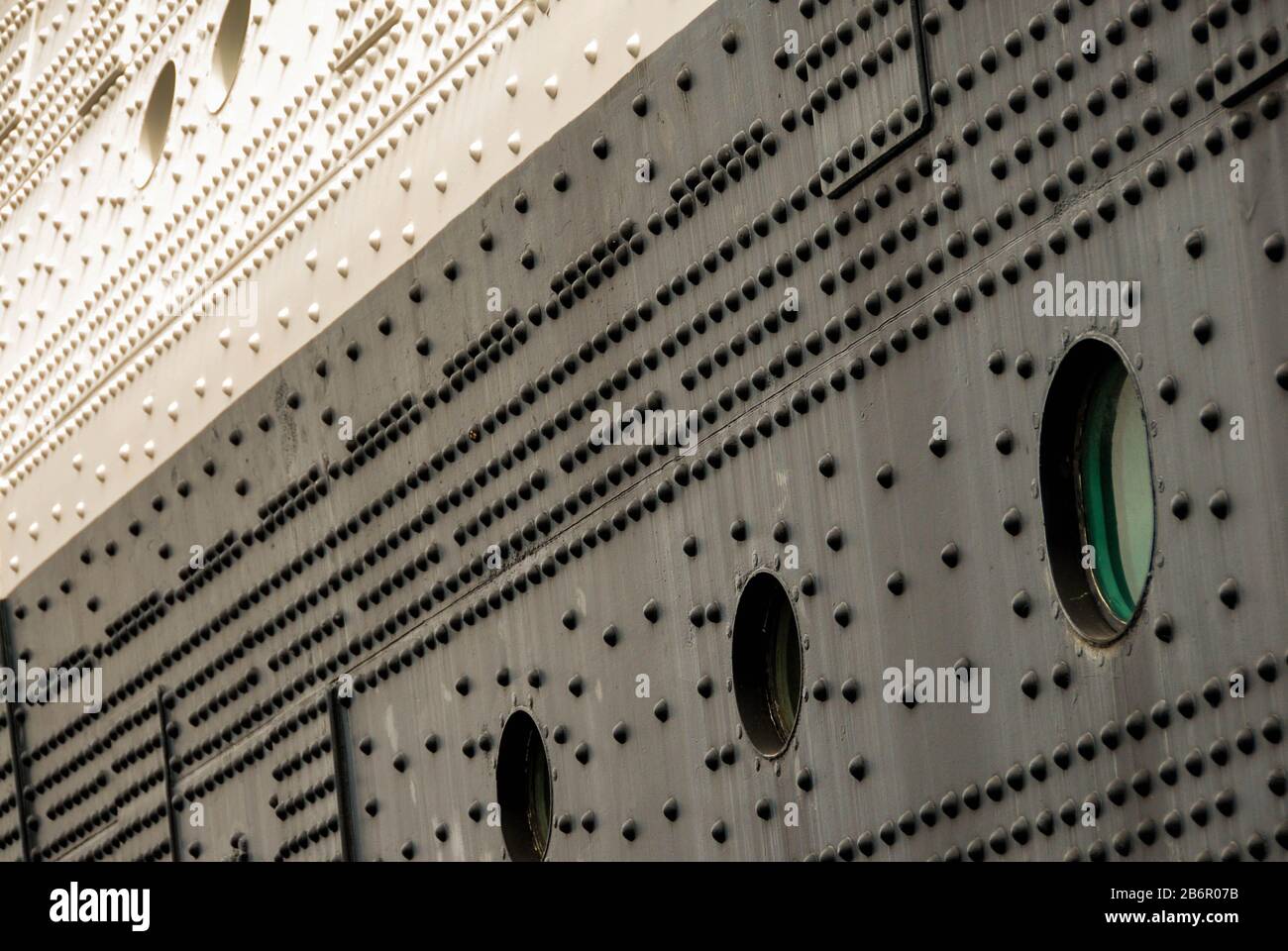 LOS ANGELES - APRIL 2009: The numerous rivets in the steel plated hull ...
