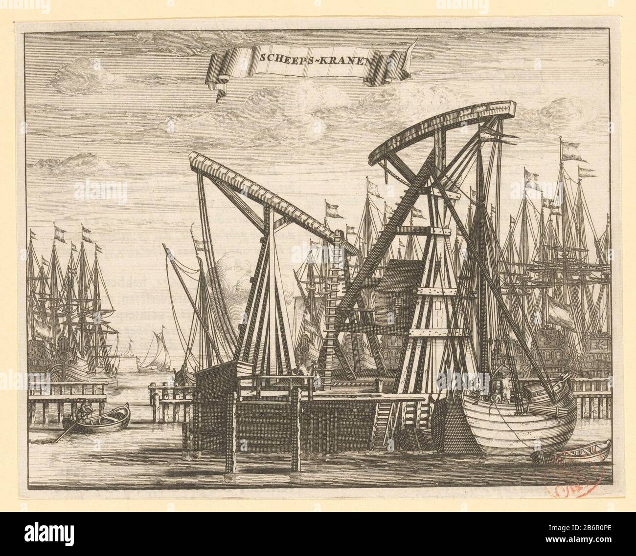 Gezicht op de twee haven- of scheepskranen in het IJ te Amsterdam ...