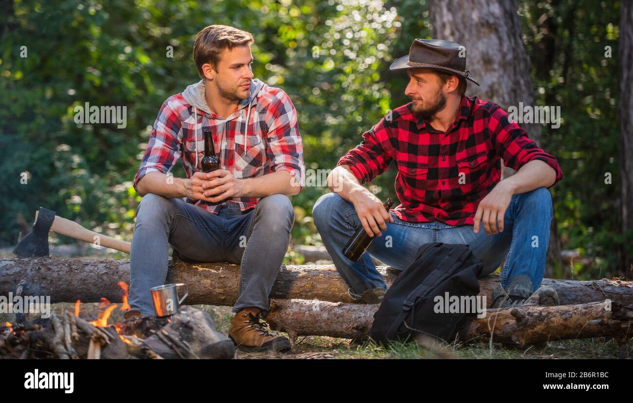 share thoughts. picnic in tourism camp. happy men brothers. friends ...