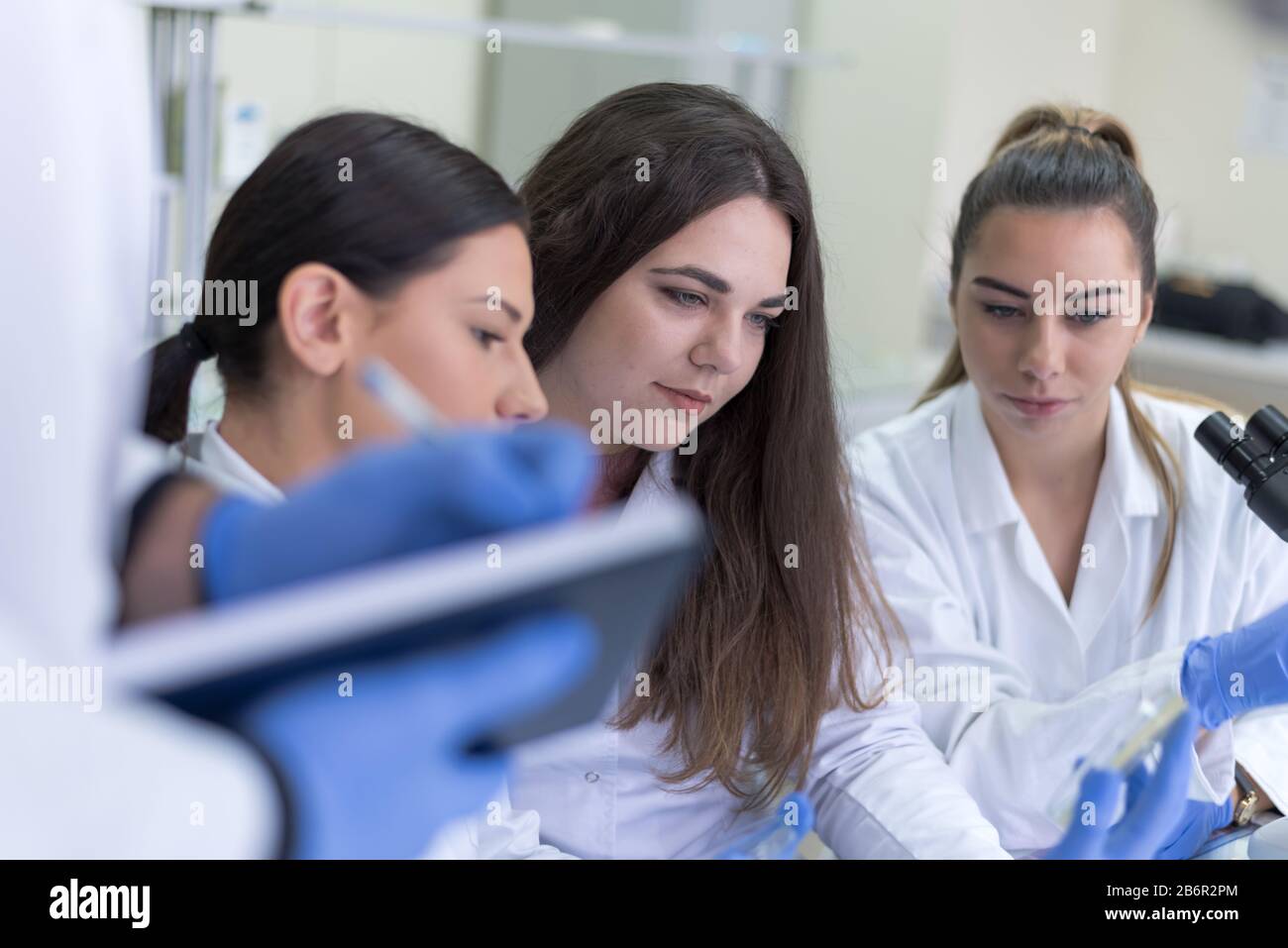 Group of Microbiologists with a tube of biological sample contaminated ...