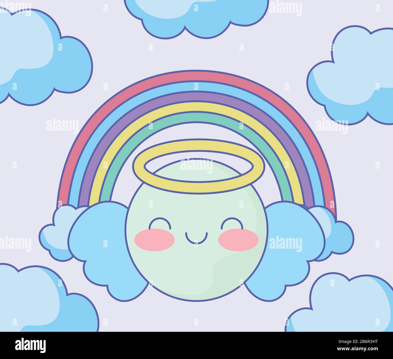 cute angel emoji with rainbow and clouds around over pink background ...