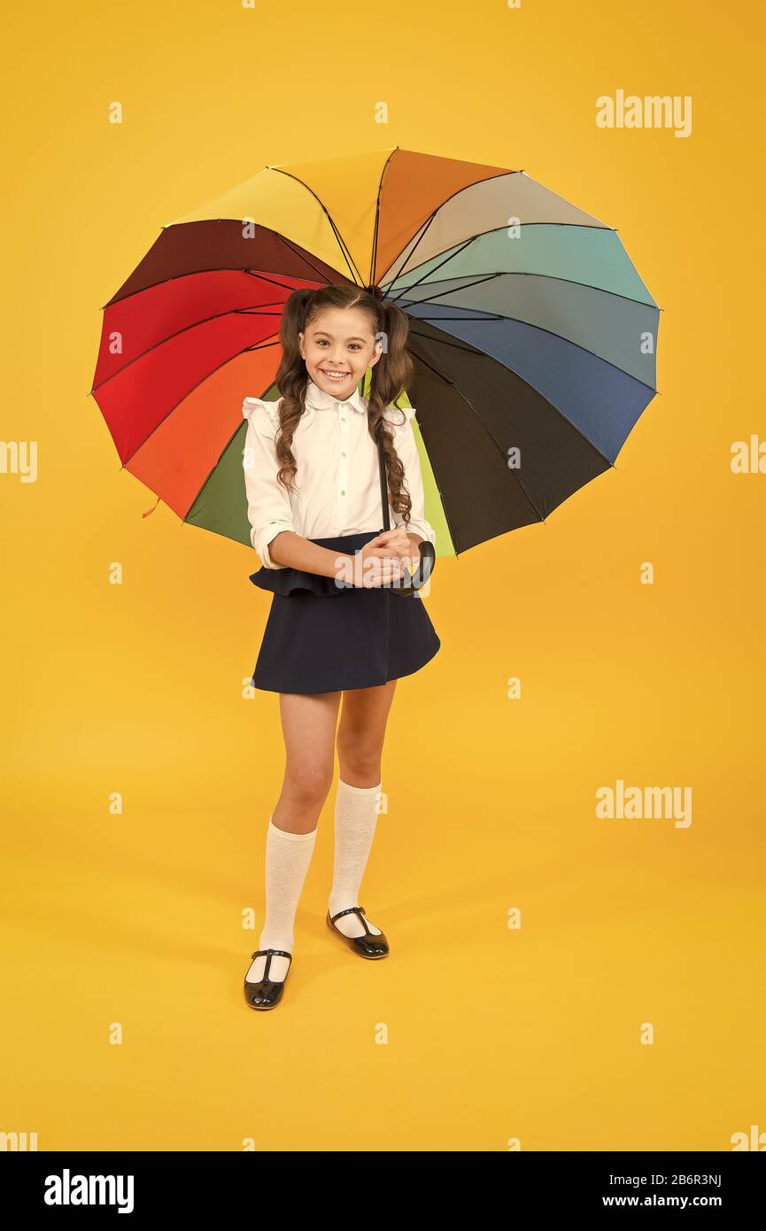 Positive vibes. Everything under control. Fancy schoolgirl. Girl with umbrella. Rainy day. Happy ...