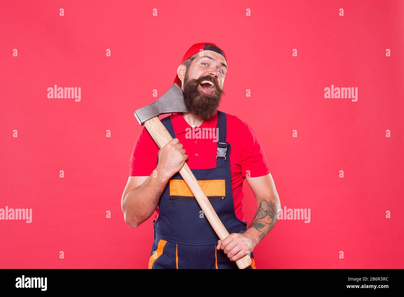 Destroy. Man builder uniform hold axe. Man builder hold ax red ...