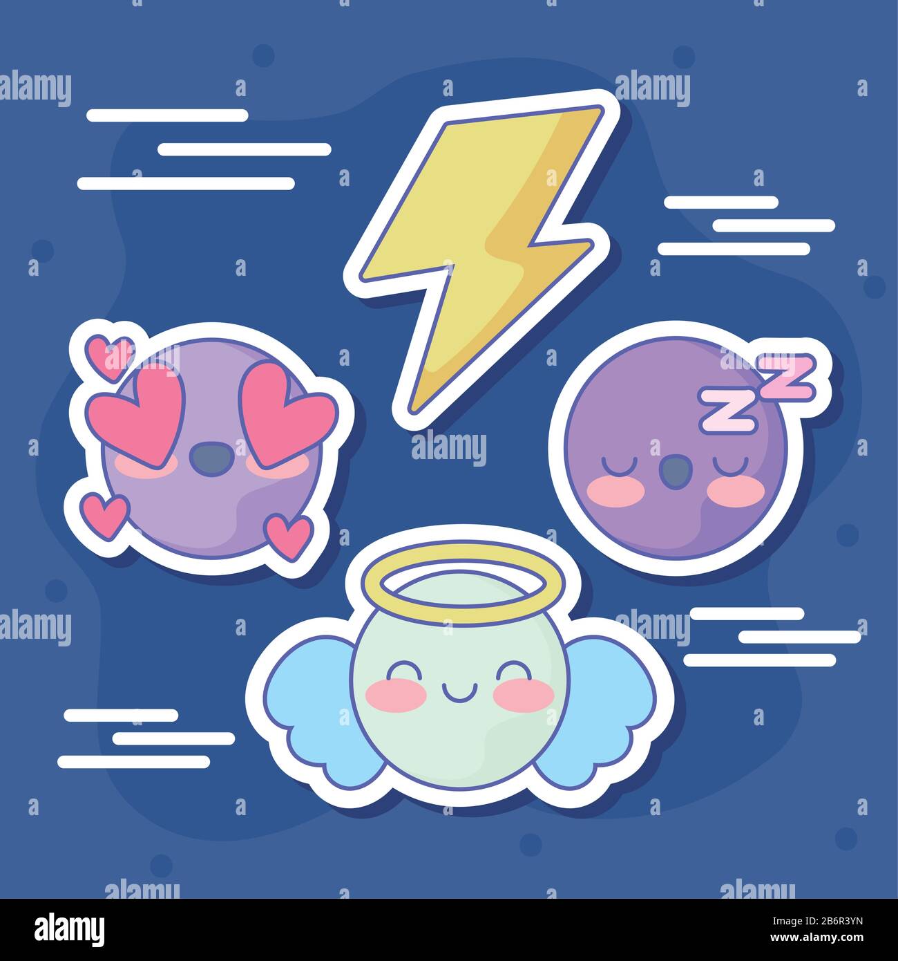 thunder and cute emojis icons around over purple background, vector ...