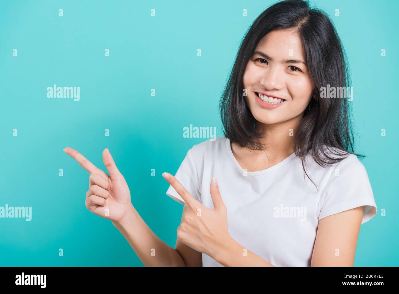 Portrait Asian Beautiful Young Woman Wearing White T Shirt Standing