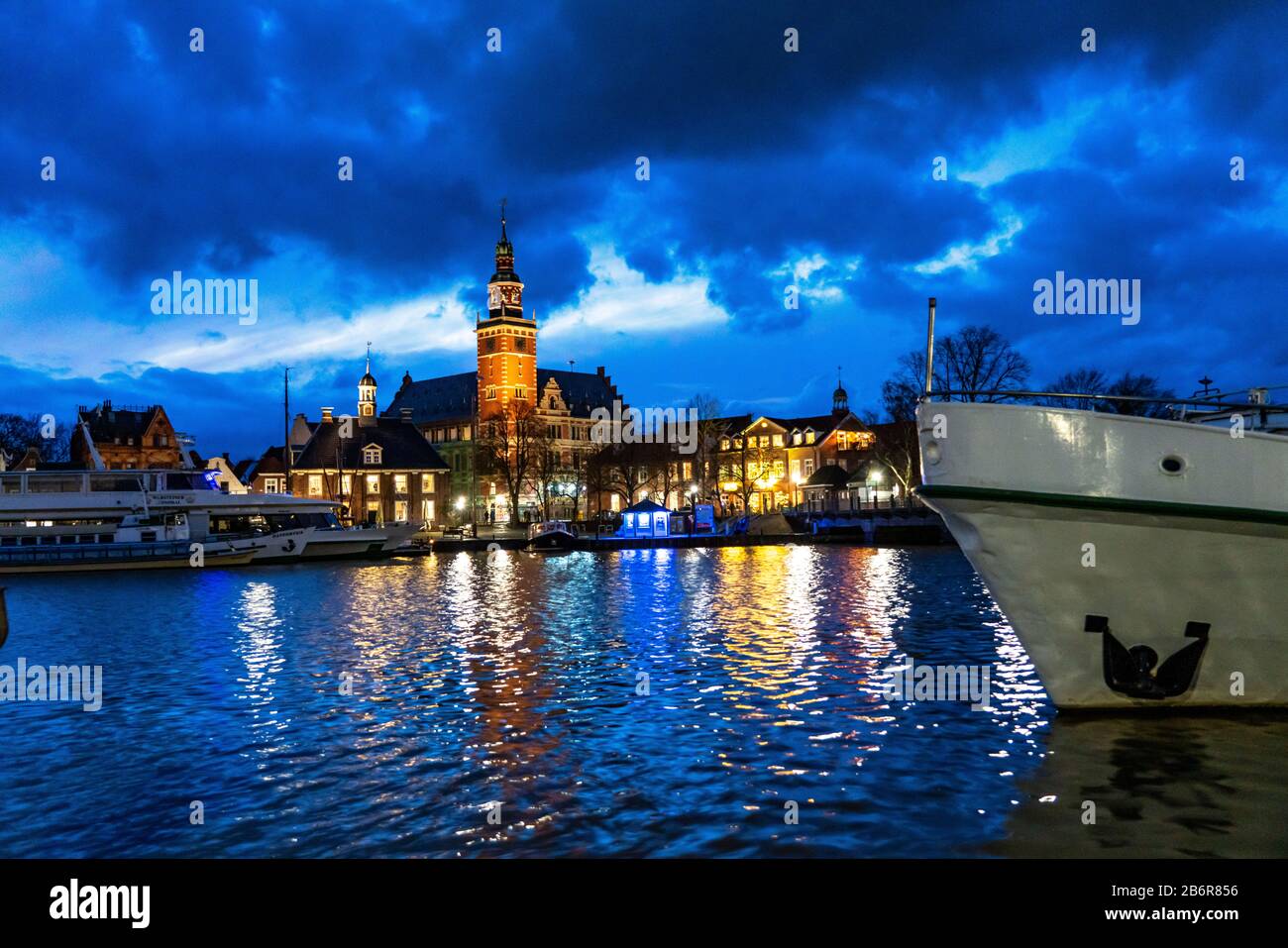 Skyline of the old town, at the Leda river, town hall, museum harbour ...