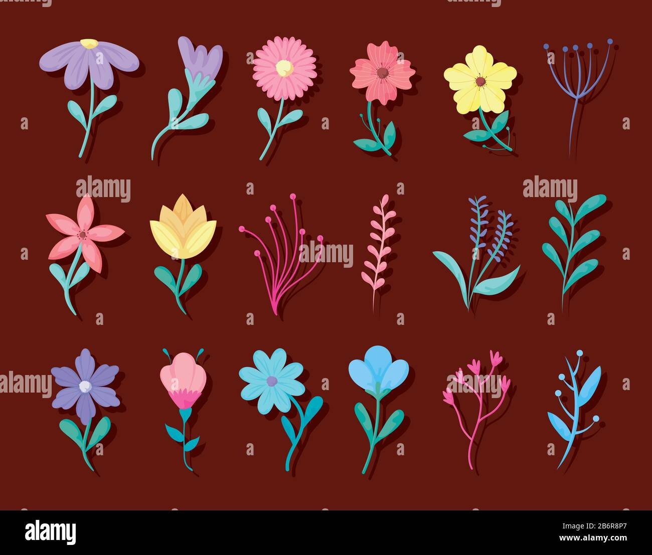 spring flowers icon set over red background, colorful design, vector ...