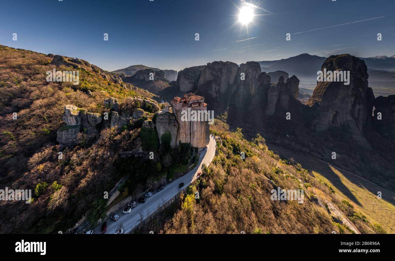 Aerial view of monastery Rousanou and breathtaking picturesque valley ...