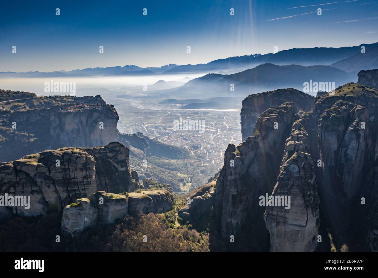 Aerial view of Unesco monument Meteora, the mountains, the landmark of ...
