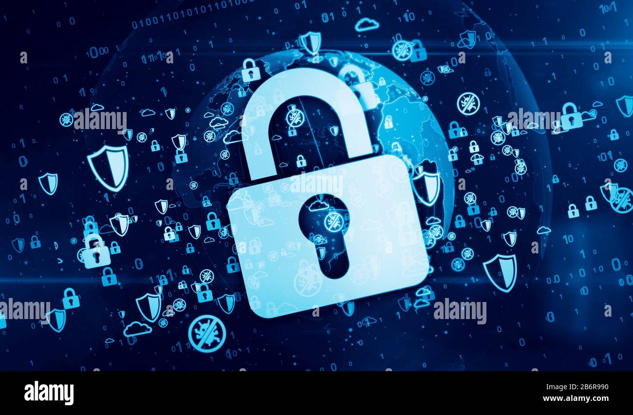 Cyber Security Computer Protection And Digital Safety Symbols On Digital Globe 3d Illustration