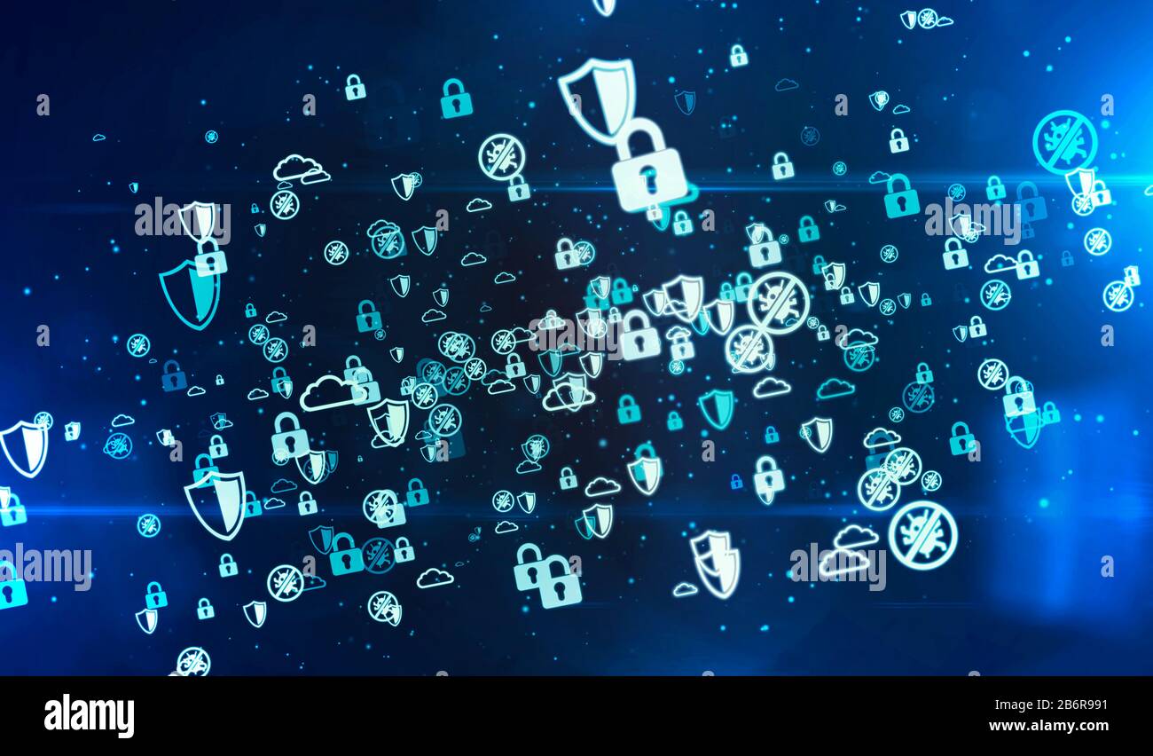 Cyber security, computer protection and digital safety flying symbols ...