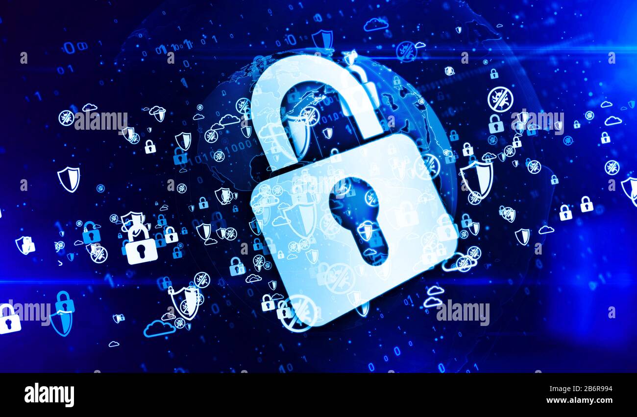 Cyber security, computer protection and digital safety symbols on ...